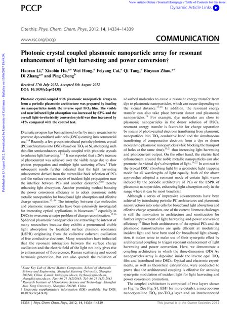 Pdf Photonic Crystal Coupled Plasmonic Nanoparticle Array For Resonant Enhancement Of Light