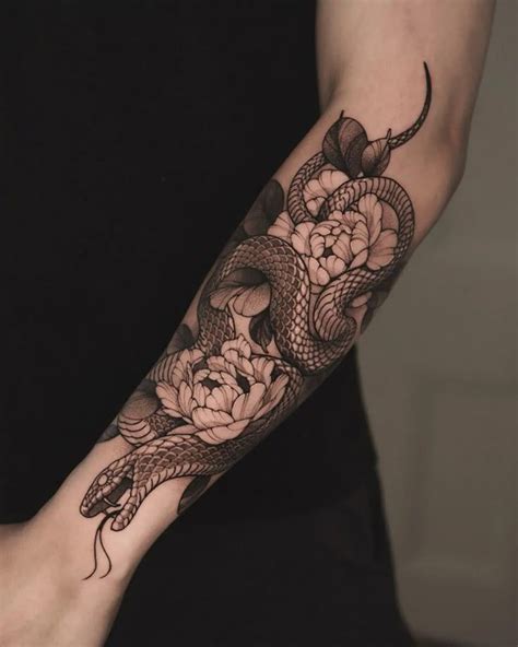Snake And Peony Tattoo Dark Inner Forearm Tattoo Face Forearm Tattoo