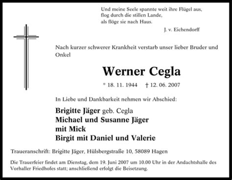 Traueranzeigen Von Werner Cegla Trauer In Nrw De