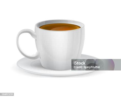 커피 음료와 현실적인 흰색 도자기 컵 세라믹 머그잔과 접시 아침 카페인 음료 제공 에스프레소용 격리식기의 측면 보기 벡터 카페테리아 메뉴 요소 가득 찬에 대한 스톡 벡터