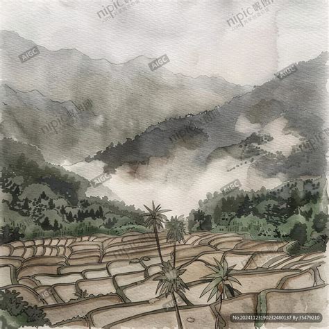 Ai创作图稻田手绘 凉山水彩 手绘稻田 手绘田园 水彩田园 农村手绘水彩 插画华南水彩水墨山水 手绘田园风光 山水彩绘 梯田手绘 手绘山村