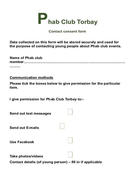 Fillable Online Phab Club Torbay Contact Consent Form Fax Email Print