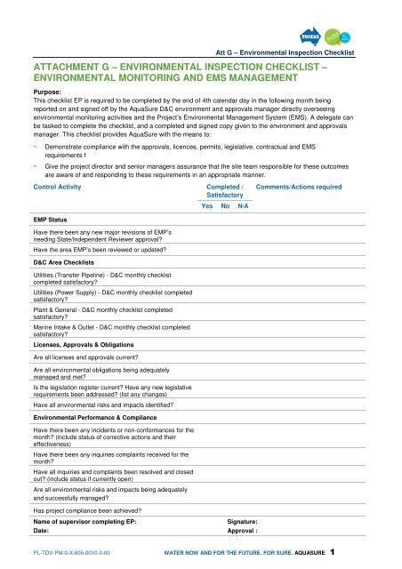 Attachment G â Environmental Inspection Checklist Aquasure