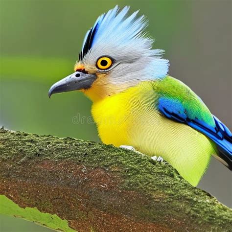 Adorable Colorful Exotic Bird Yellow And Green Feater Bird With A Tail On Its Head Ai