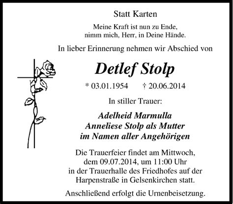 Traueranzeigen Von Detlef Stolp Trauer In Nrw De