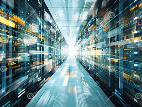 Big Data Flowing Through Servers In Datacenter Corridor Stock Image