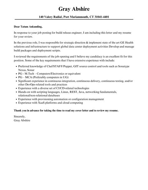build release engineer cover letter velvet jobs