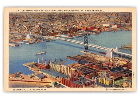 Camden New Jersey Delaware River Bridge Birds Eye View Vintage