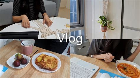 Vlog 자취브이로그 직장인 주말 일상 간단히 밥 해먹기프렌치토스트 떡볶이 마크라메 월행잉 화분걸이 만들기 화원가서 식물구경 와인으로 주말 마무리