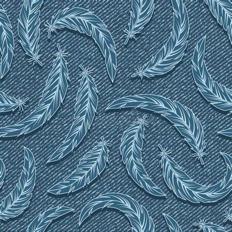 Seamless Blue Denim Pattern With Scattered Feathers Stock Vector