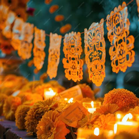 Colorful String Of Papel Picado With Skull And Flower Cutouts Isolated