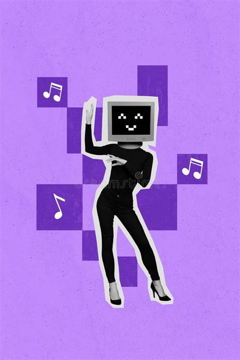 Photo Collage Cartoon Comics Picture Of Funny Funky Lady Smiling Computer Instead Of Head Having