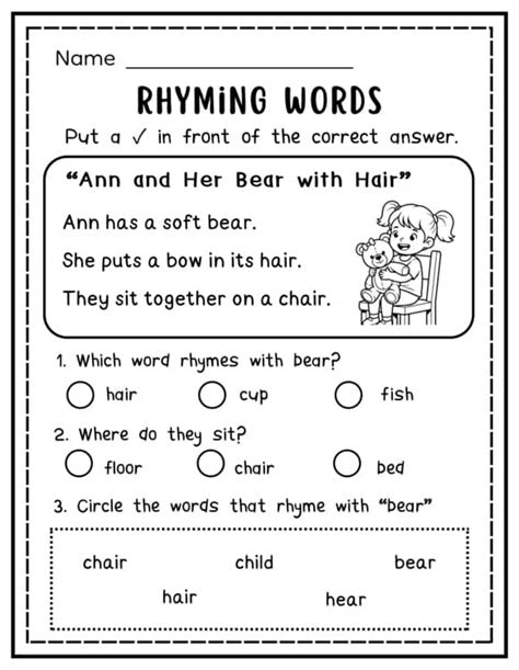 Rhyming Words Reading Worksheets 15 Short Story Passages Questions