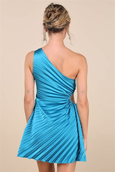 Teal Cutout Dress Pleated Satin Dress One Shoulder Mini Dress Lulus
