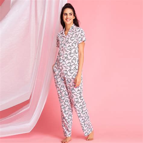Buy Clovia Cotton Hello Kitty Print Button Down Shirt And Pyjama Set Pink Online