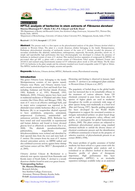 Pdf Hptlc Analysis Of Berberine In Stem Extracts Of Fibraurea Darshani