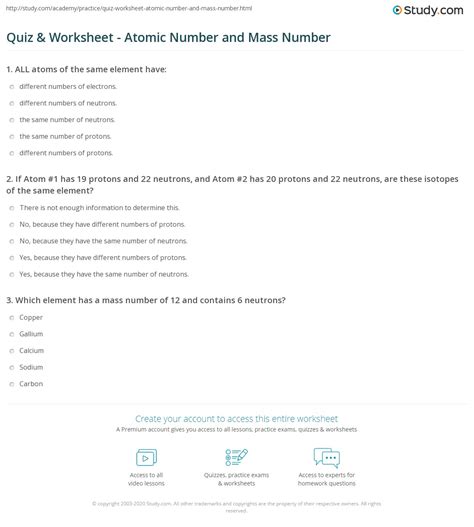 Quiz And Worksheet Atomic Number And Mass Number