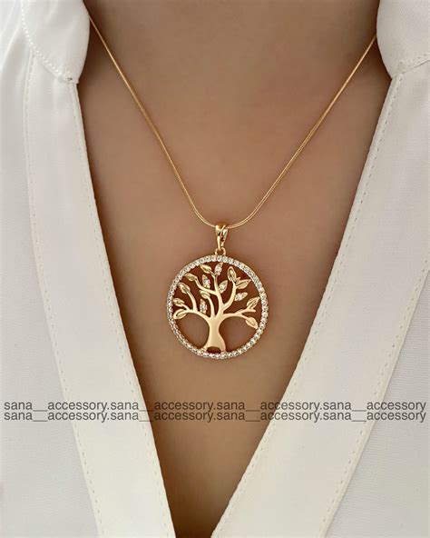 سانا اکسسوری ژوپینگ پلاک زنجیر درخت زندگی دور نگین ژوپینگ