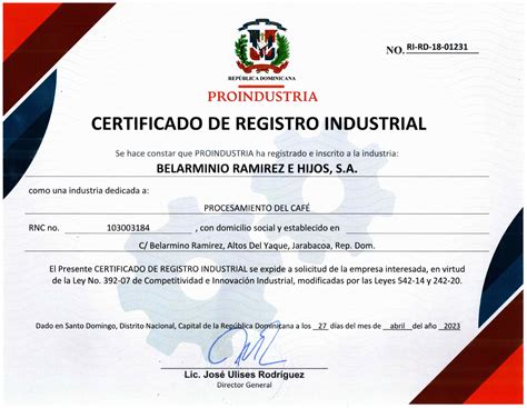 Certificado Registro Industrial Belarminio Ramirez E Hijos