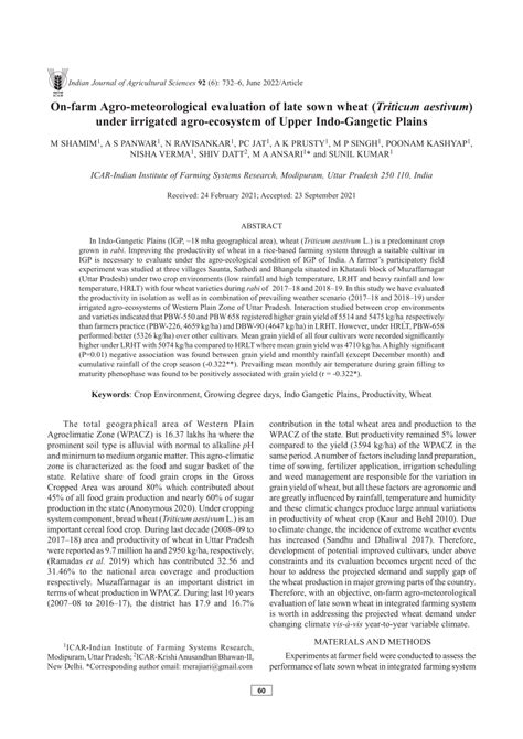 Pdf On Farm Agro Meteorological Evaluation Of Late Sown Wheat