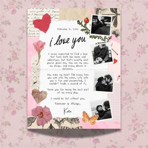 Printable Diy Love Letter Template Romantic Scrapbook Photo Collage