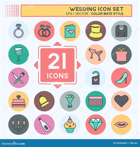 Wedding Icon Set In Trendy Color Mate Style Isolated On Soft Blue