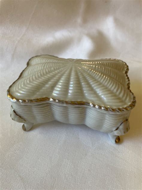 Ucagco Japan Covered Trinket Box W Gold Accents Iridescent White Footed