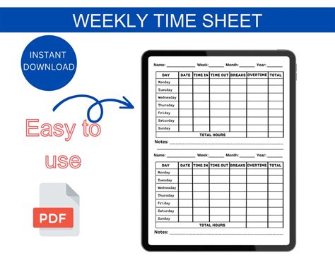 Efficient Weekly Time Sheet Printable Digital Download PDF For Employee Time Tracking Staff