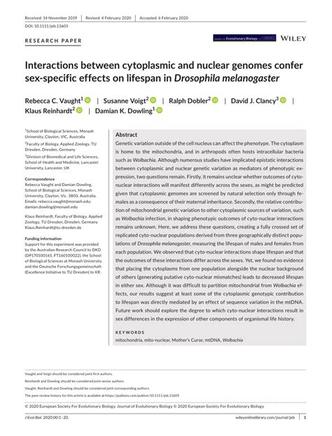Pdf Interactions Between Cytoplasmic And Nuclear Genomes Confer Sex‐specific Effects On