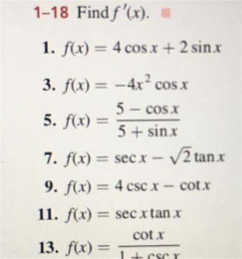 Solved 1 18 Find F X 1 F X 4 Cos X 2 Sinx 3 F X 4x