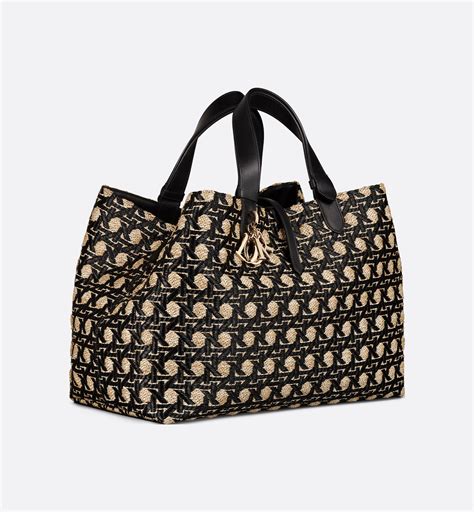 Large Dior Toujours Bag Two Tone Beige And Black Graphic Cannage Raffia