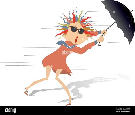 Strong Wind And Woman With Umbrella Illustration Pretty Young Woman In