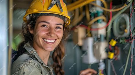 Premium Photo Portrait Of A Female Electrician In A Helmet And