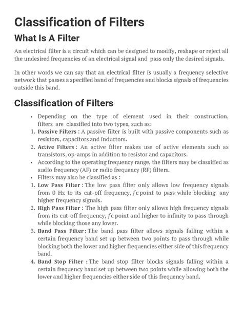 Classification Of Filters Classification Of Filters What Is A Filter An Electrical Filter Is A