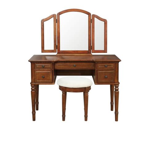 Powell Company Vogt Cherry Wood Vanity Set With Antique Brass Knobs And Matching Stool Hd1220a19