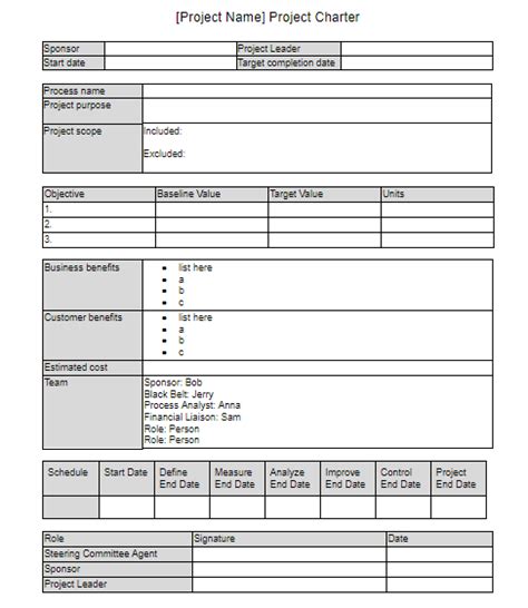 Six Sigma Project Charter Template Excel Pl