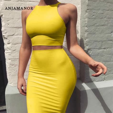 Anjamanor Crop Top And Skirt Two Pieces Dress Set Yellow Club Summer