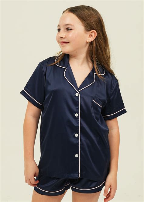 Girls Navy Matte Satin Short Pajama Set Elegant And Comfy Sleepwear