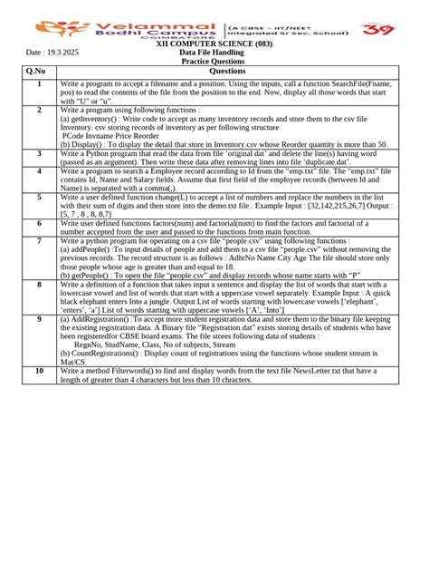 Data File Handling Practice Pdf Computer File Comma Separated Values
