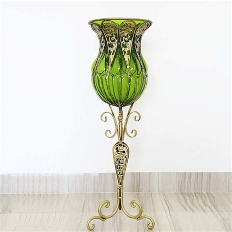 Momentous Living 85cm Green Glass Floor Vase With Tall Metal Flower