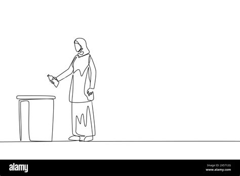 Single Continuous Line Drawing Arabian Woman Throw Used Plastic Bottles