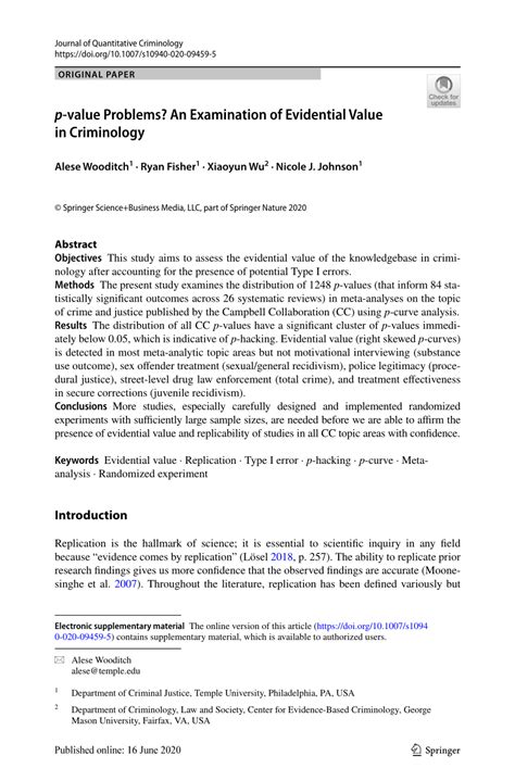 Pdf P Value Problems An Examination Of Evidential Value In Criminology