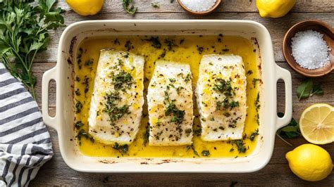 Cod Fillets Baked In Lemon Butter Sauce With Herbs In A Ceramic Dish