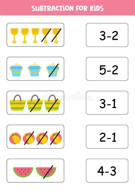 Subtraction Game With Cute Summer Elements Matching Game Stock Vector