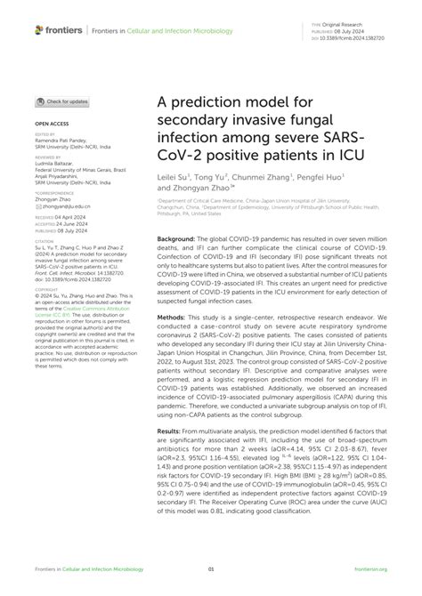 Pdf A Prediction Model For Secondary Invasive Fungal Infection Among Severe Sars Cov 2