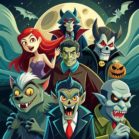 Classic Halloween Monsters Like Vampires With Fangs And Capes And