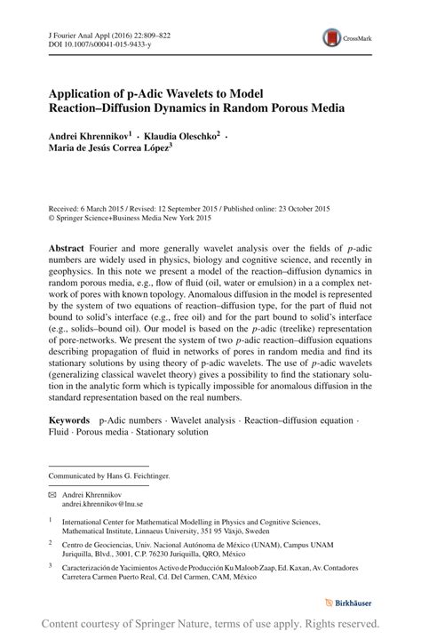 Application Of P Adic Wavelets To Model Reactiondiffusion Dynamics In
