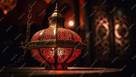 Premium Photo Antique Lantern Glows In Ornate Decoration Pattern