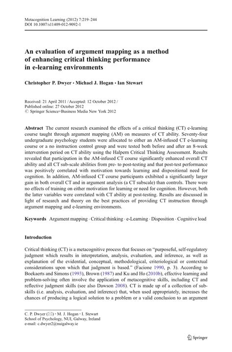 Pdf An Evaluation Of Argument Mapping As A Method Of Enhancing Critical Thinking Performance