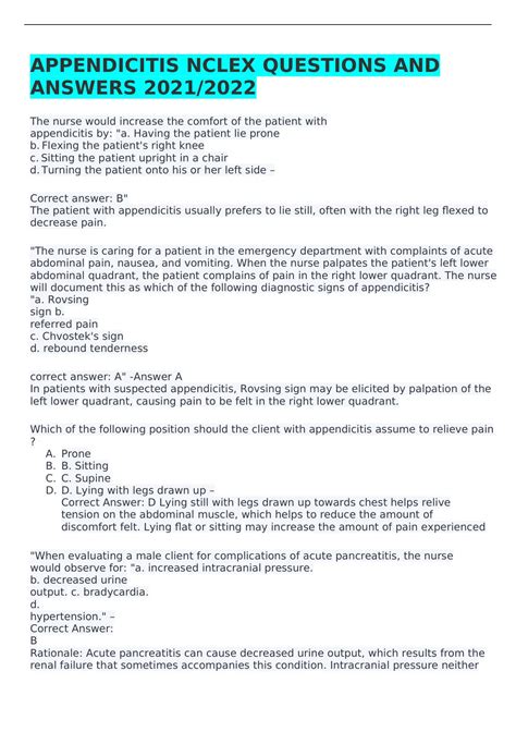 Nclex Appendicitis 2021 2022 Questions And Answers Appendicitis
